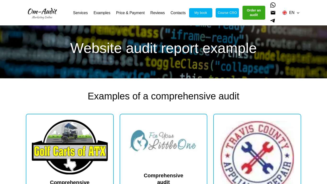 Website audit example. Site audit report examples. Om-Audit